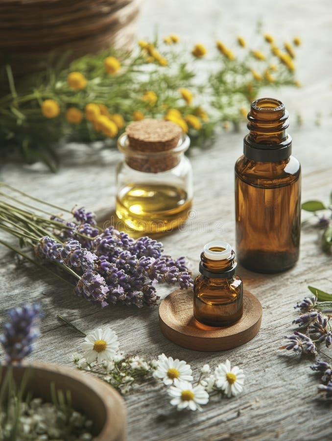 Close-up of Medicinal Plants and Essential Oils on a Rustic Table, Soft ...