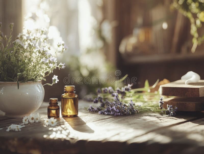 Close-up of Medicinal Plants and Essential Oils on a Rustic Table, Soft ...