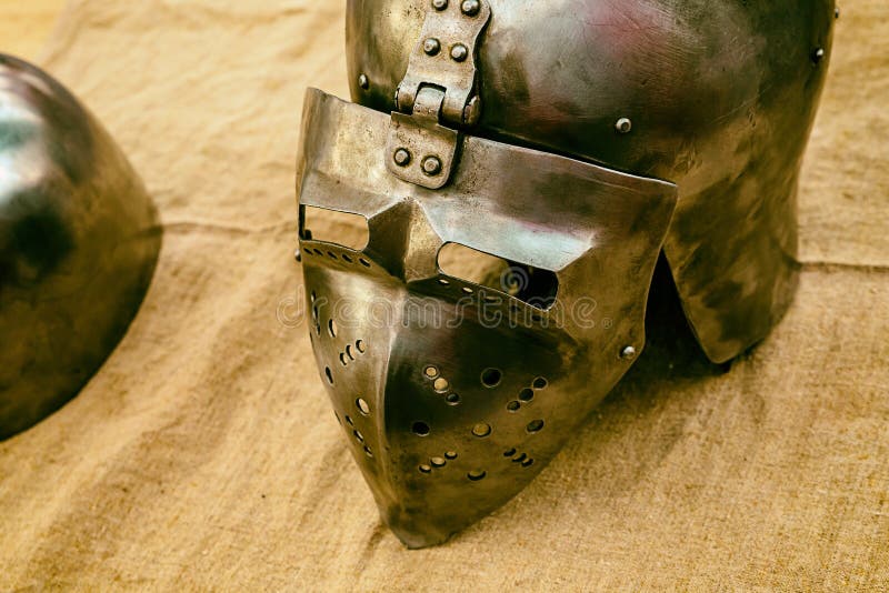 Close-up of a Medieval Iron Helmet with a Slit for the Eyes Stock Photo ...
