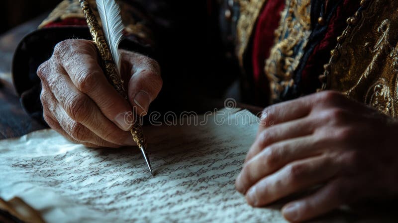 Close-up of a Medieval Scribe Writing with a Quill on Parchment Stock ...