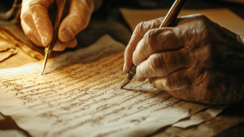 Close-up of a Medieval Scribe Writing with a Quill on Parchment Stock ...