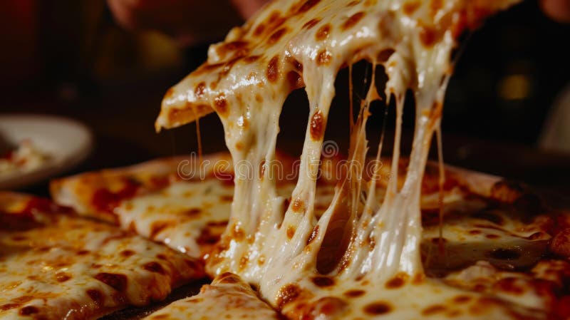 Close-Up of Melted Cheesy Pizza Slice Being Pulled from Whole Pie Stock ...