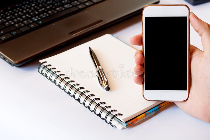 Close Up of a Men Using Smart Phone with Blank Mobile and Calcul Stock ...