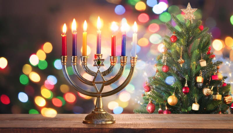 Close-up Menorah and Christmas Tree, Glowing Lights and Festive ... Close-up Menorah and Christmas Tree, Glowing Lights and Festive ...