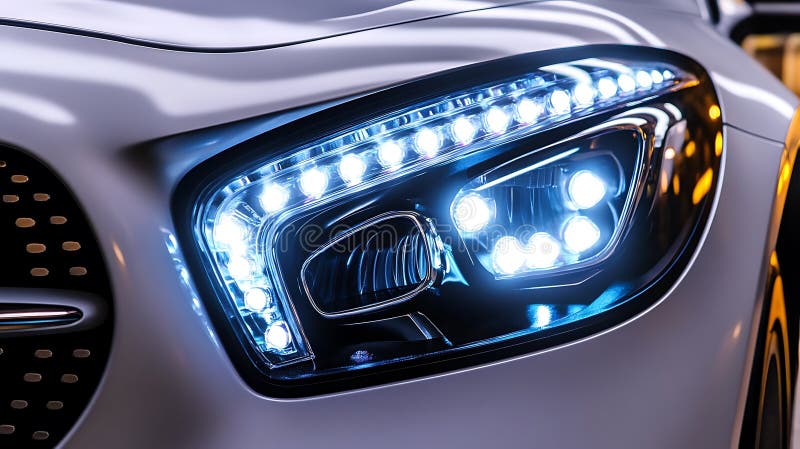 Close-Up of Mercedes LED Headlights with a Blurry Background View Stock ...