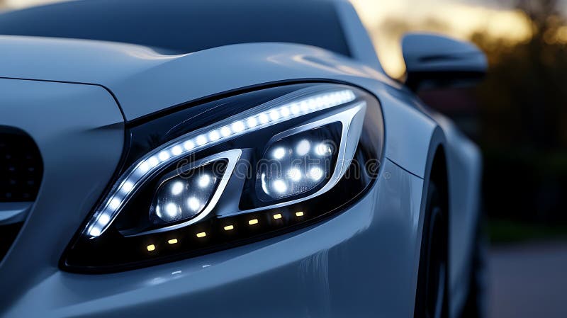 Close-Up of Mercedes LED Headlights with a Blurry Background View Stock ...