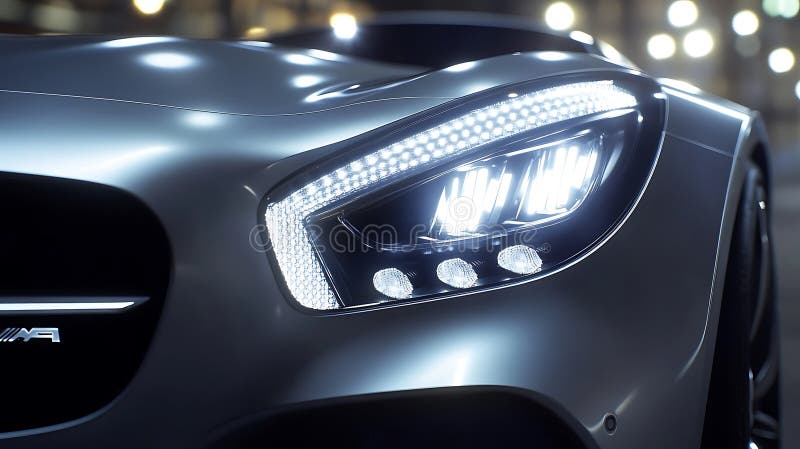 Close-Up of Mercedes LED Headlights with a Blurry Background View Stock ...