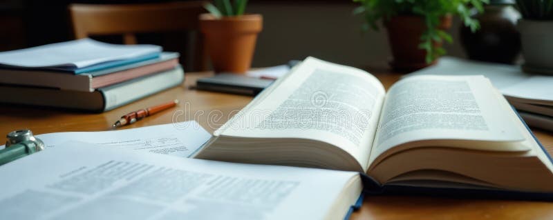 Close Up Messy Desk, Open Textbook, Scattered Papers, School, Desk ...