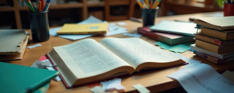 Close Up Messy Desk, Open Textbook, Scattered Papers, Textbooks, Online ...