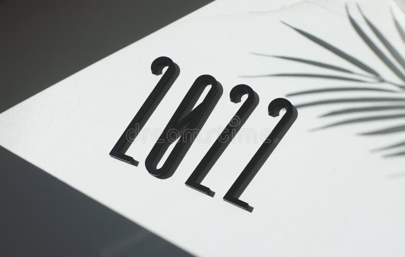 Close-up of Metal Black Numbers 2022 on White and Leaf Shadow ...
