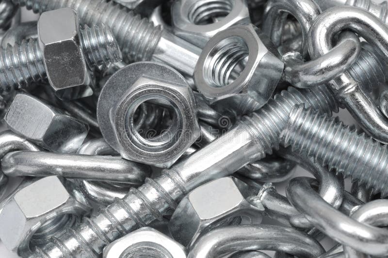 Close-up of Metal Bolts, Nuts and Chain. Technology Background Stock ...