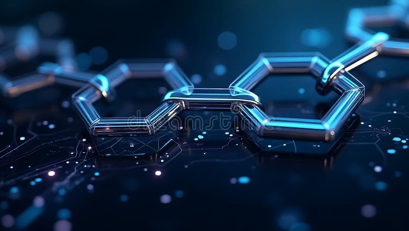 A Close Up of a Metal Chain Link on a Dark Surface with Glowing Blue ...