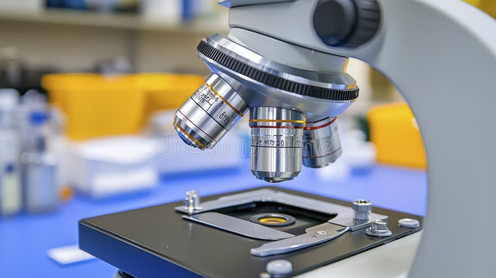 Close-up of a Metal Microscope on Blue Lab Table Stock Illustration ...