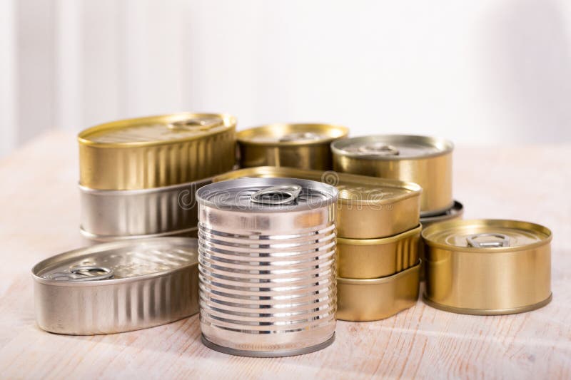 Close-up of Metal Tin Cans with Ring Pull on Wooden Surface Stock Photo ...