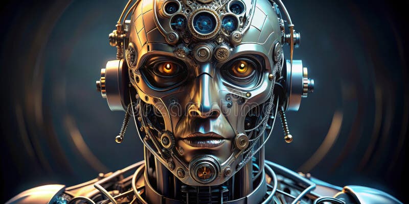 Close-up of a Metallic Android with Intricate Gears and Glowing Eyes ...