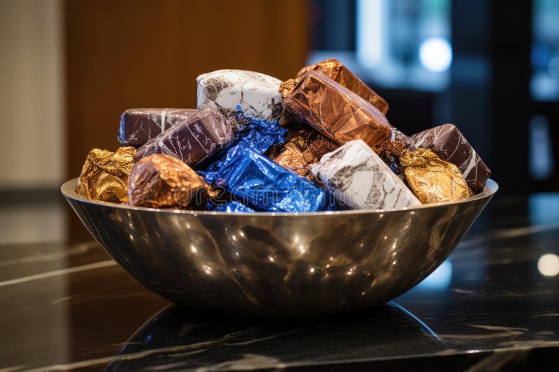 A Close-up of a Metallic Bowl Filled with Assorted Chocolates on a ...