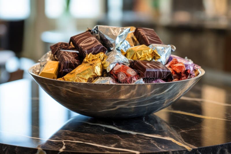 A Close-up of a Metallic Bowl Filled with Assorted Chocolates on a ...