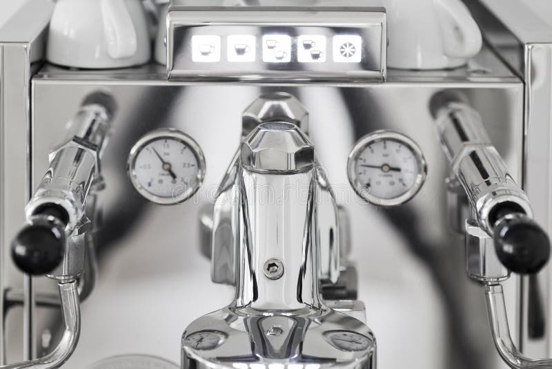 Close-up of a Metallic Bright Coffee or Espresso Machine with Cups ...