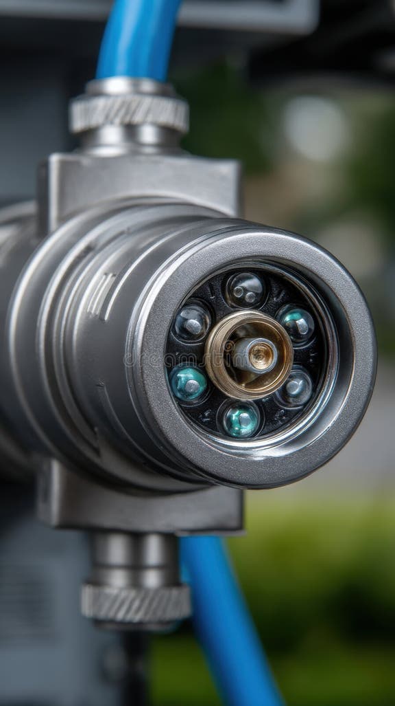 Close-up of Metallic Connector with Blue Hoses and Circular Array of ...
