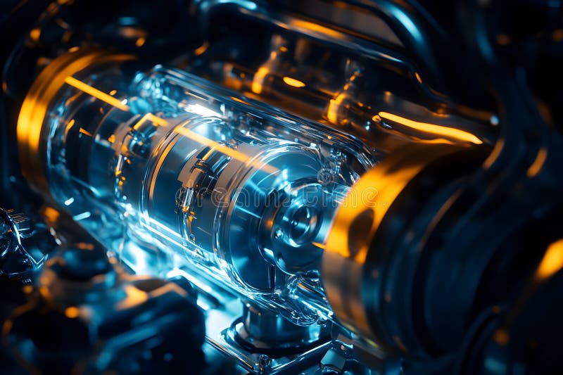 Close-up of a Metallic Engine with Blue and Orange Lighting Stock Image ...