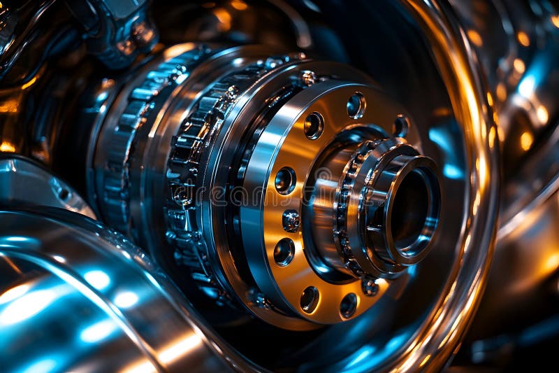 Close-up of Metallic Engine Component with Gears and Bolts in ...