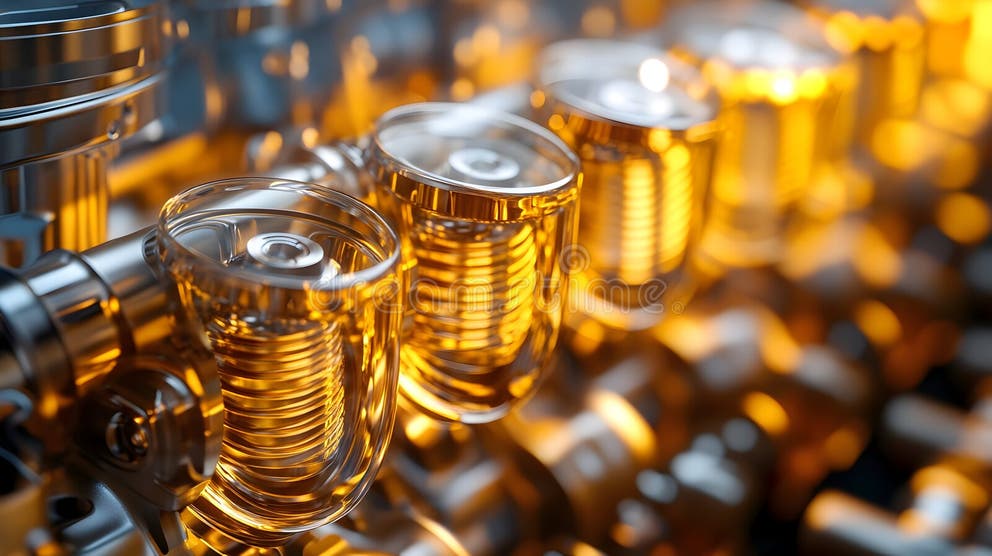 Close-up of Metallic Engine Pistons with Golden Reflections Stock Image ...