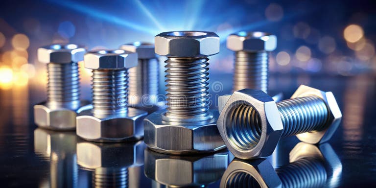 Close-up of Metallic Fasteners on a Reflective Surface with a Blurred ...