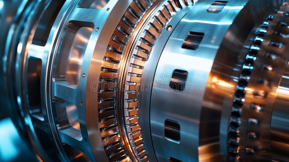 Close-up of Metallic Motor Component Shining in Industrial Setting. Concept of Engineering ...