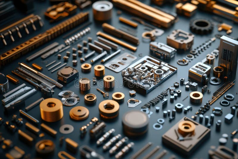 Close-up of Metallic Parts on a Dark Surface for Engineering Design ...