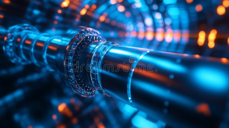 Close-up of a Shiny, Blue Metal Pipe Illuminated with Orange Lights in ...