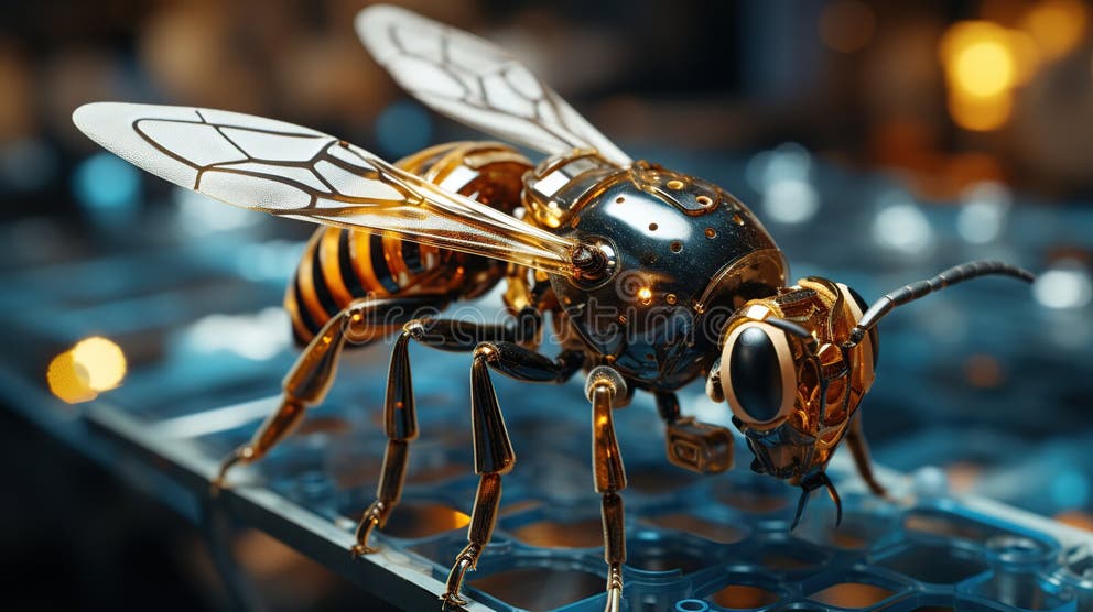 A Close-up of a Metallic Robotic Bee with Glowing Lights, Standing on a ...
