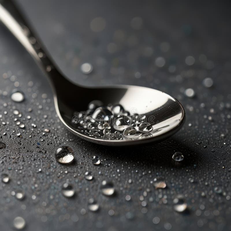 Close-up of a Metallic Spoon with Water Droplets on a Textured Surface ...
