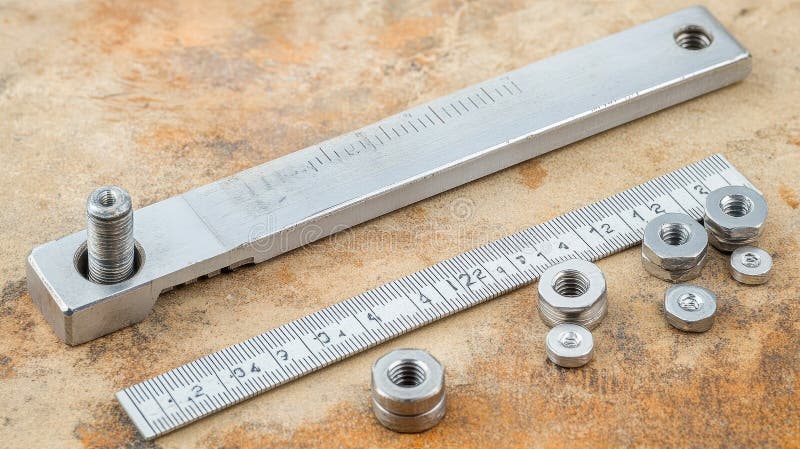 Close-up of Metallic Tools and Fasteners with Measurement Instruments ...