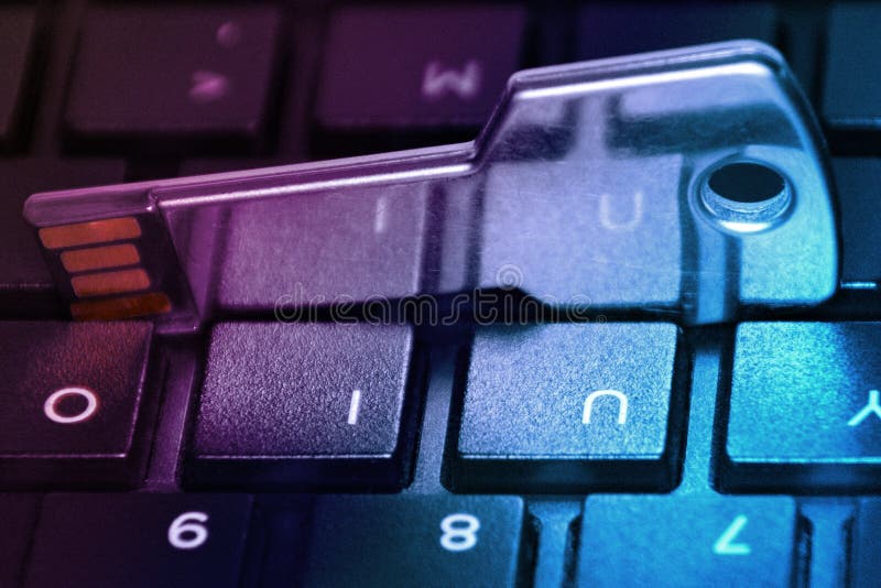 Key Shape USB Flash on a Computer Keyboard - Toned with Purple Bluish ...