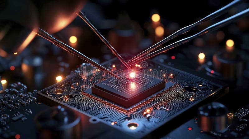 Close-up of Microchip Assembly Process in High-tech Lab Precision ...