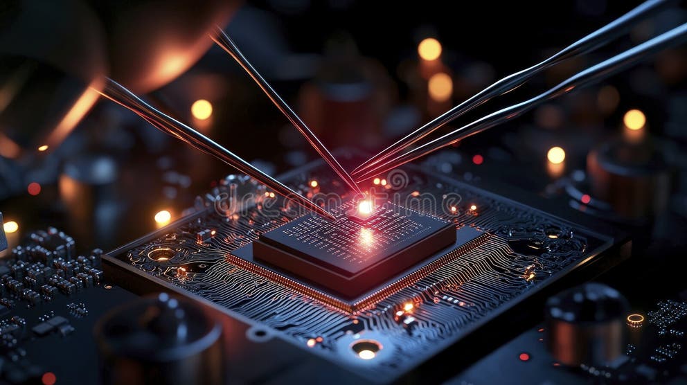 Close-up of Microchip Assembly Process in High-tech Lab Precision ...