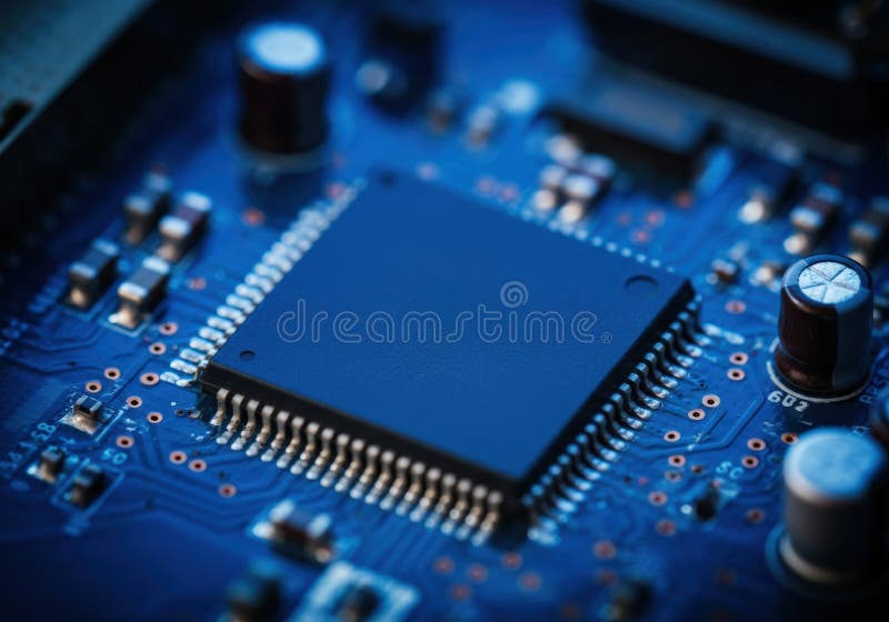 Blue Circuit Board with Electronic Chips Stock Image - Image of digital ...