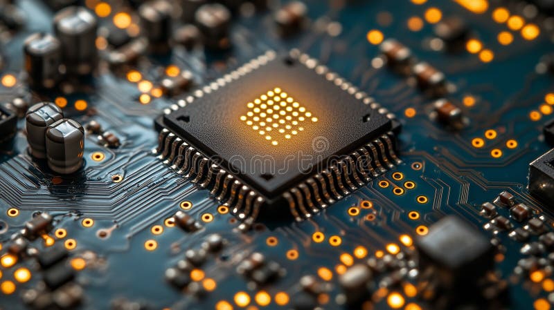 Close-up of a Microchip on a Blue Printed Circuit Board Stock Photo ...