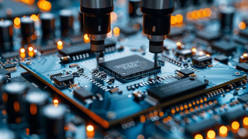 Close-up of a Microchip on a Circuit Board Being Inspected by Two ...