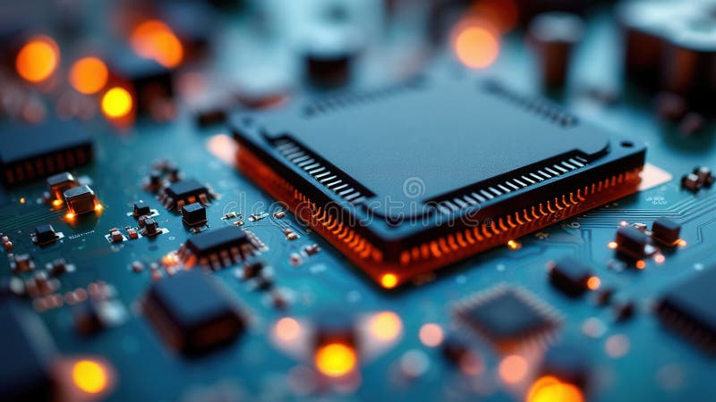 Close-up of a Microchip on a Circuit Board Lit with Tiny Orange Glowing ...