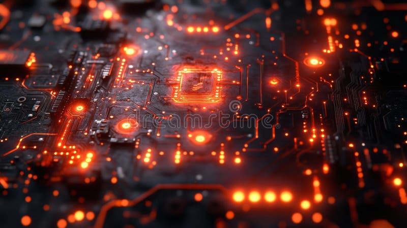 Microchip Circuit Board with Red Glowing Lights Generative AI Stock ...