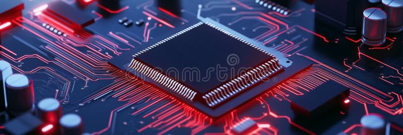 Closeup of a Microchip on a Circuit Board with Red Glowing Lines a ...