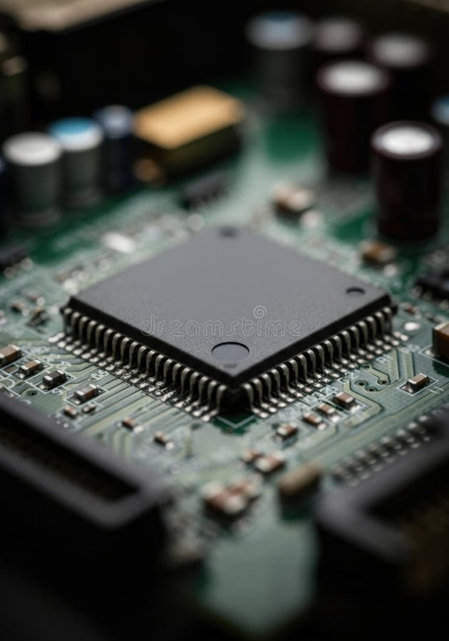 Close-up of a Microchip on a Circuit Board Showcasing Intricate Details ...