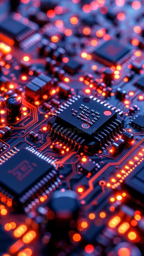 Close Up of a Microchip Circuit Interior of a Computer with Neon Lights ...