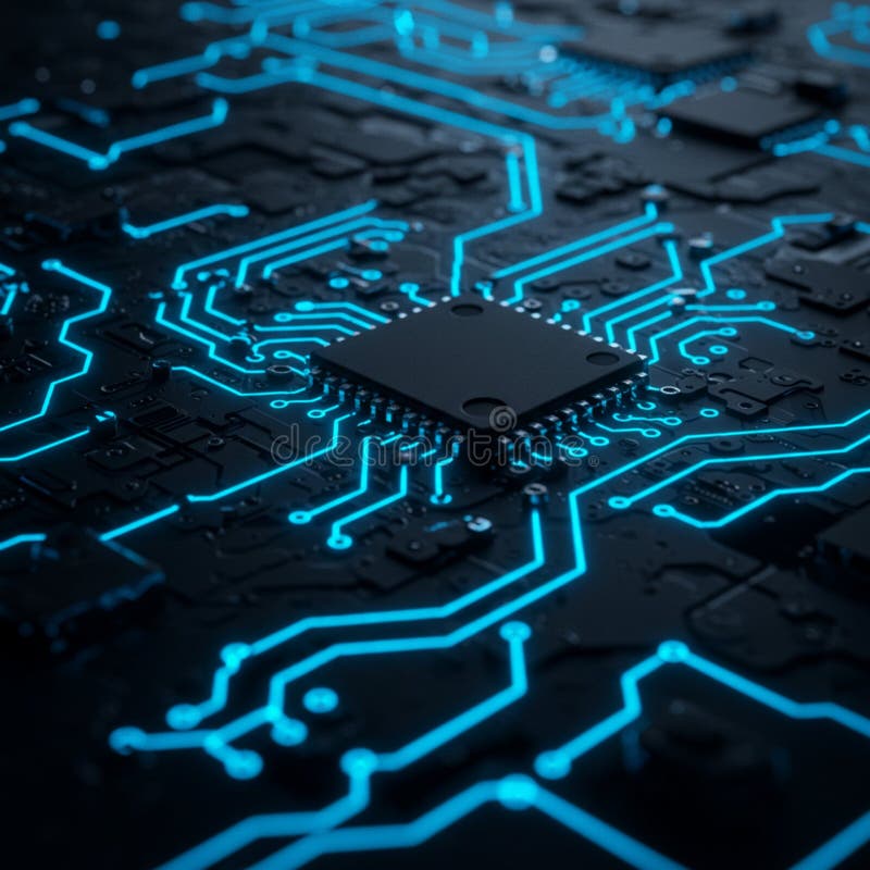 Close-up of a Microchip on a Dark Circuit Board. Blue Neon Lines ...