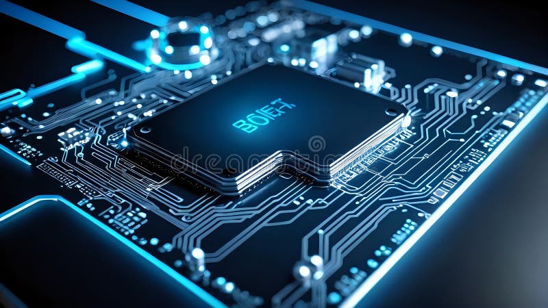 Close-Up of a Microchip in Electric Blue Light Stock Illustration ...