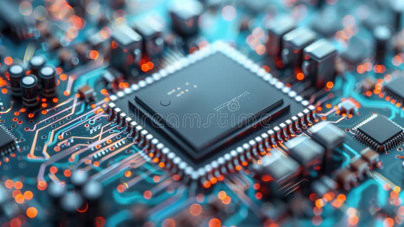 Close-up of a Microchip Embedded in a Circuit Board with Glowing ... Close-up of a Microchip Embedded in a Circuit Board with Glowing ...