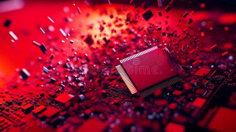 A Close-up of a Microchip Exploding into Vibrant Red Digital Fragments ...