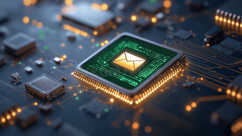 Close-up of a Microchip Featuring a Glowing Email Icon on a Circuit ...