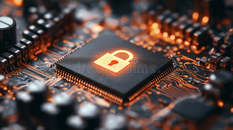 Close-up of Microchip Featuring a Glowing Lock Symbol, Highlighting ...